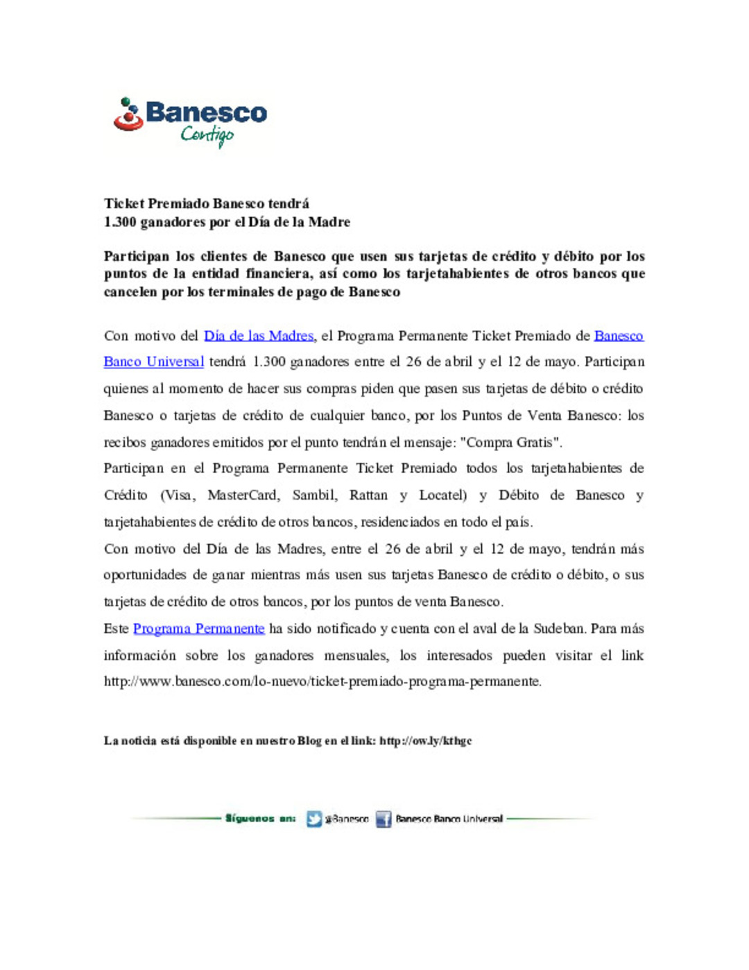 Ticket Premiado Banesco tendrá 1.300 ganadores por el Día de la Madre