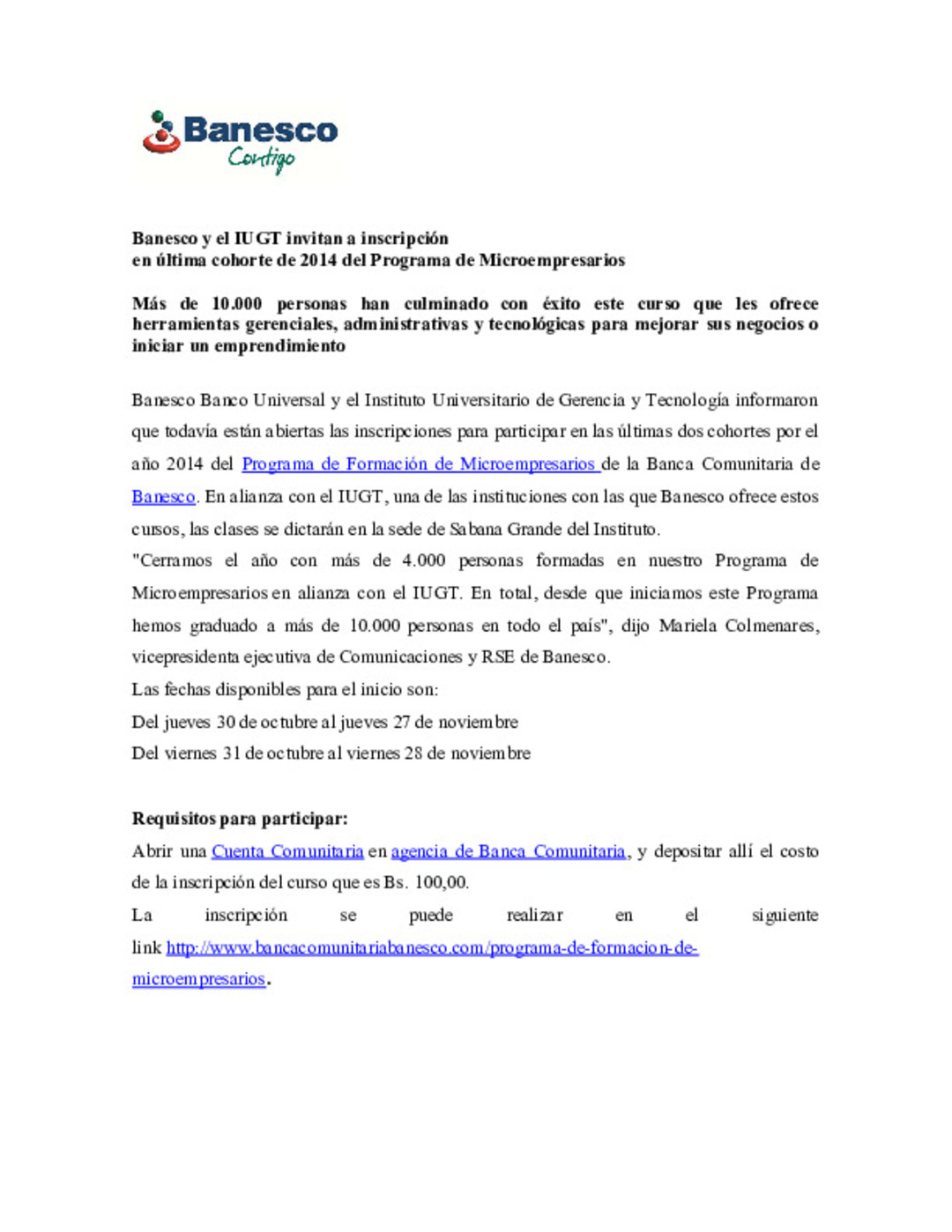 Banesco y el IUGT invitan a inscripción en última cohorte de 2014 del ...