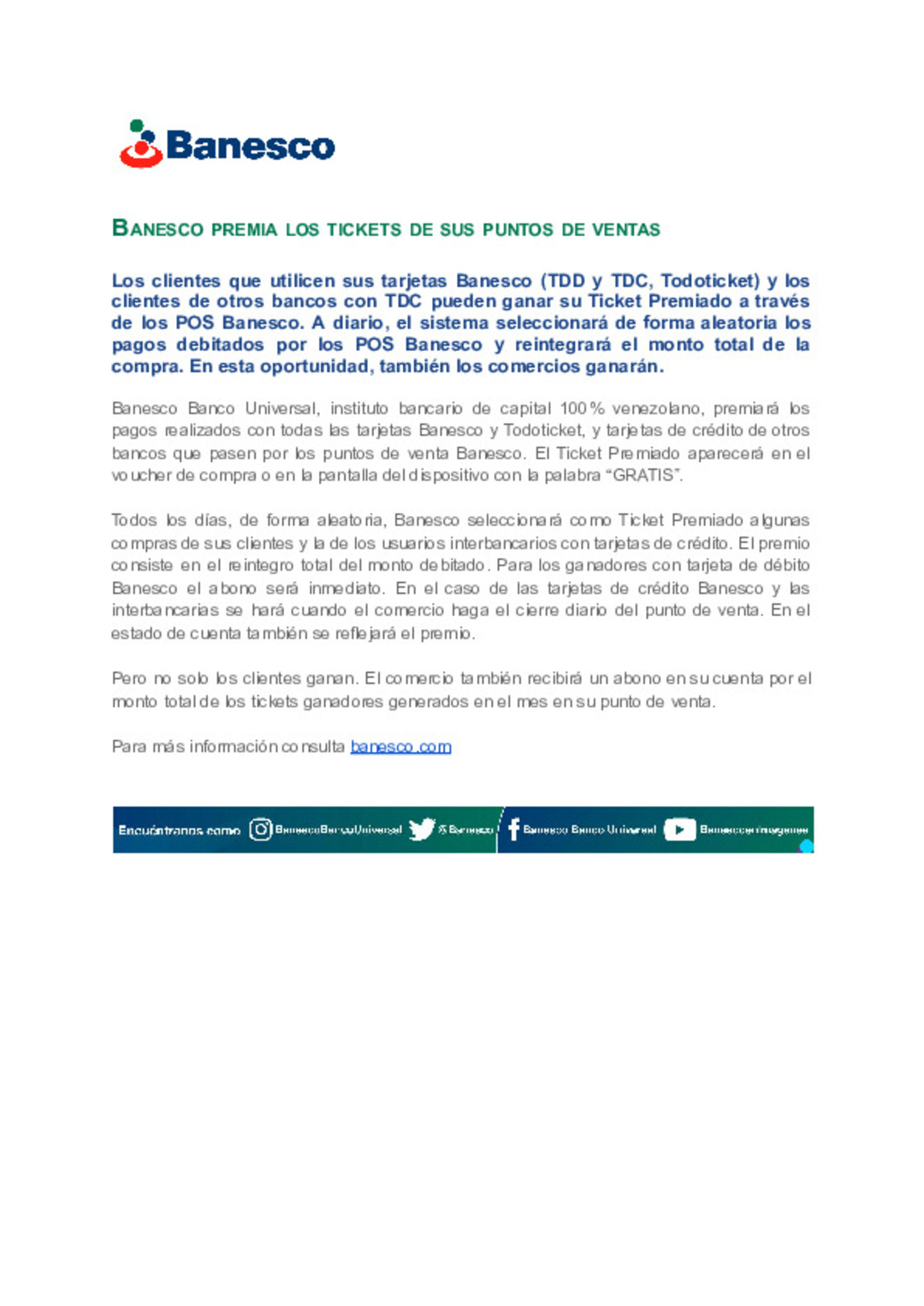 Banesco premia los tickets de sus puntos de ventas