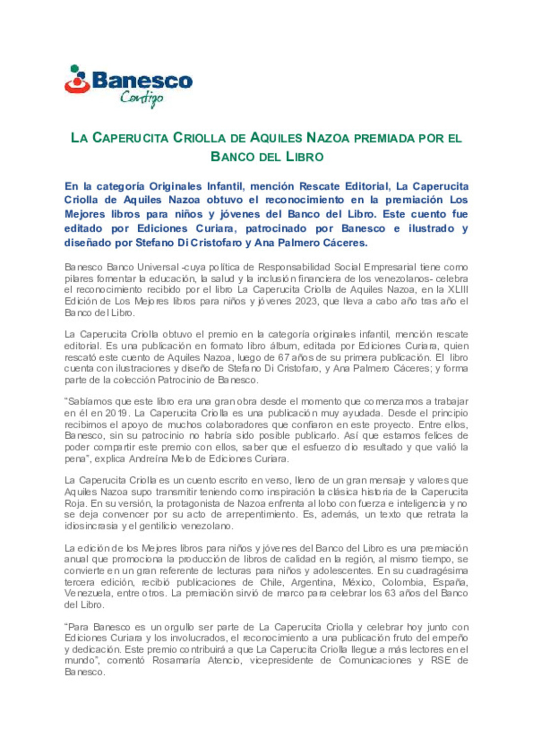 La Caperucita Criolla de Aquiles Nazoa premiada por el Banco del Libro