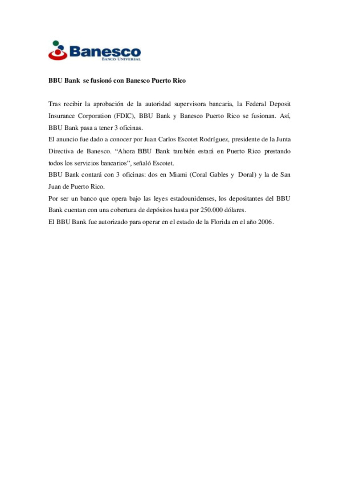 BBU Bank se fusionó con Banesco Puerto Rico