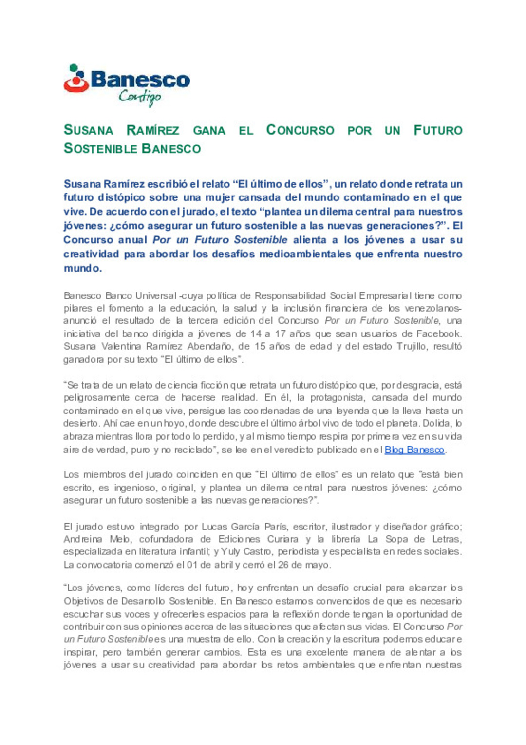 Susana Ramírez gana el Concurso por un Futuro Sostenible Banesco