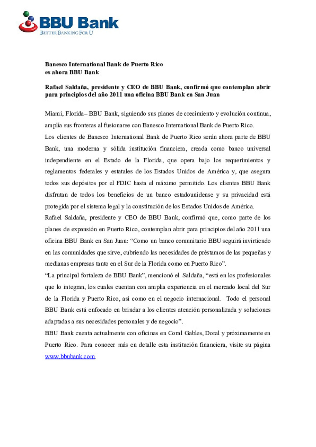 Banesco International Bank de Puerto Rico es ahora BBU Bank