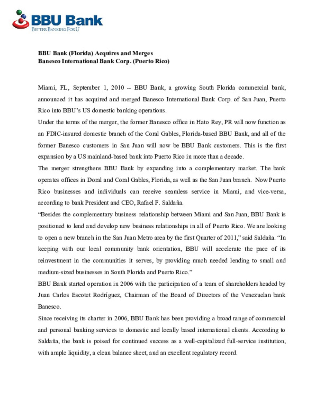BBU Bank (Florida) Acquires and Merges Banesco International Bank Corp. (Puerto Rico)