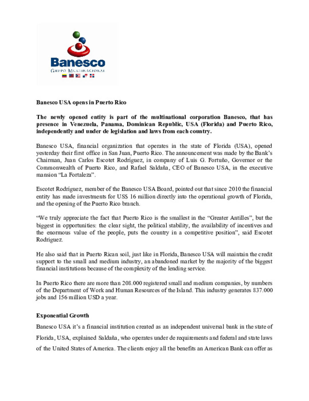 Banesco USA opens in Puerto Rico