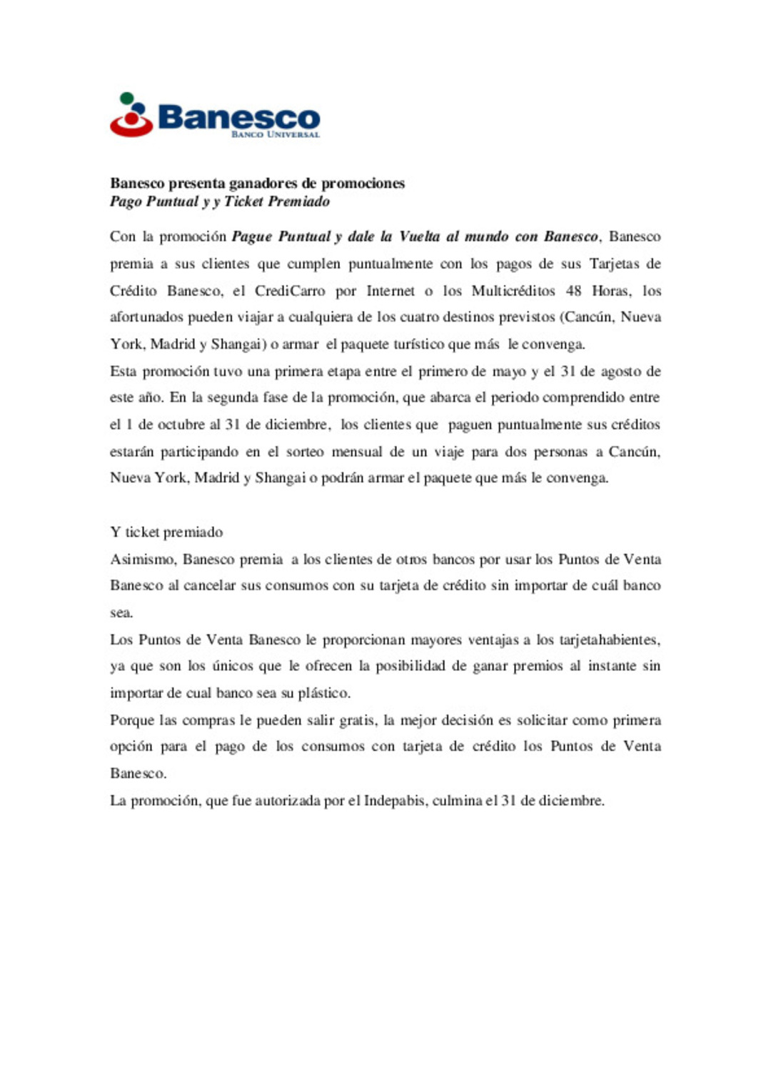 Banesco presenta ganadores de promociones Pago Puntual y y Ticket Premiado